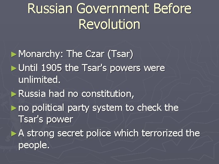Russian Revolution WWI World Civilizations Bellringer What does