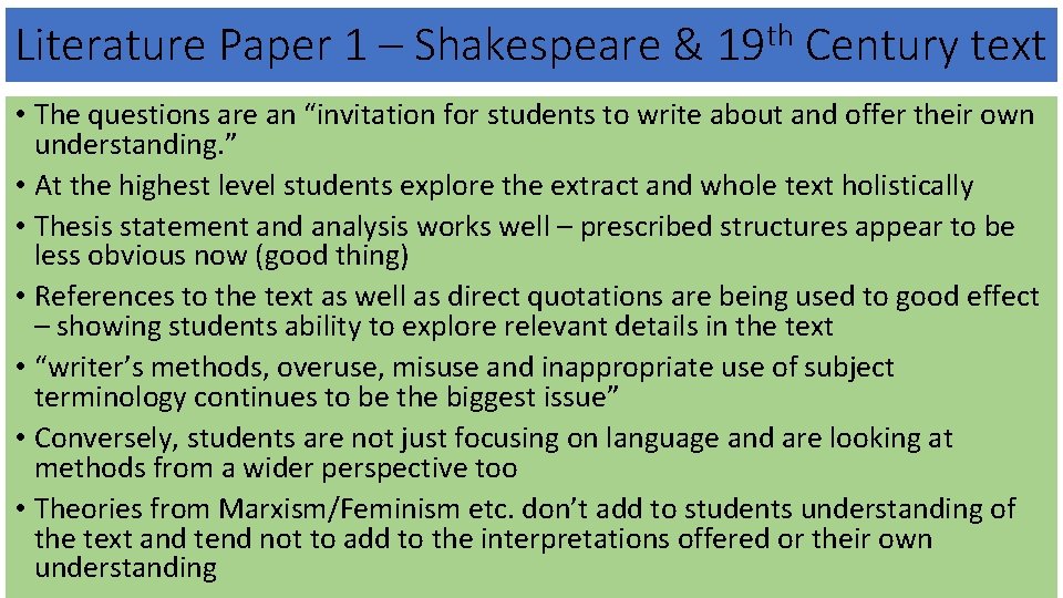 Literature Paper 1 Shakespeare 19 th Century text