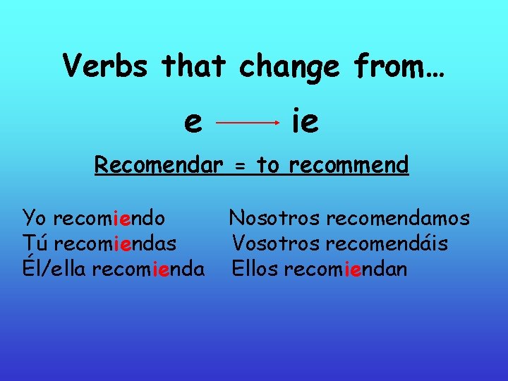 Stem Changing Verbs Present tense e o ie