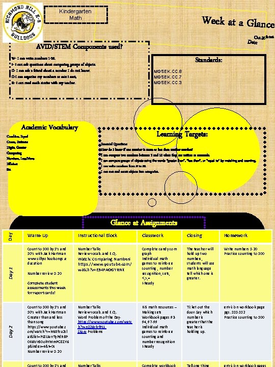 Kindergarten Math Week at a Glance Oct 26