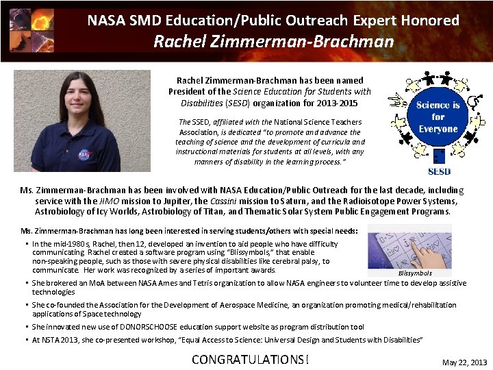 NASA SMD EducationPublic Outreach Expert Honored Rachel ZimmermanBrachman