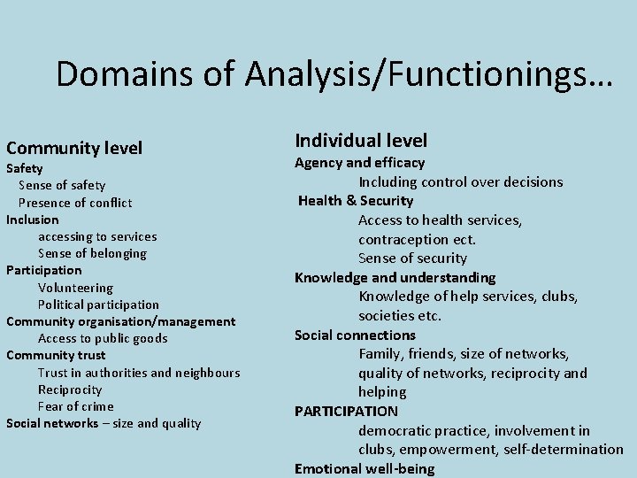 Capabilities and Community Cohesion as Measures for Estimating