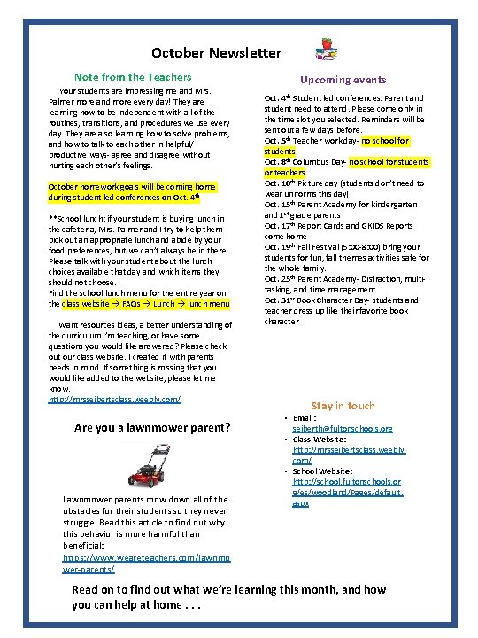 October Newsletter Note from the Teachers Your students