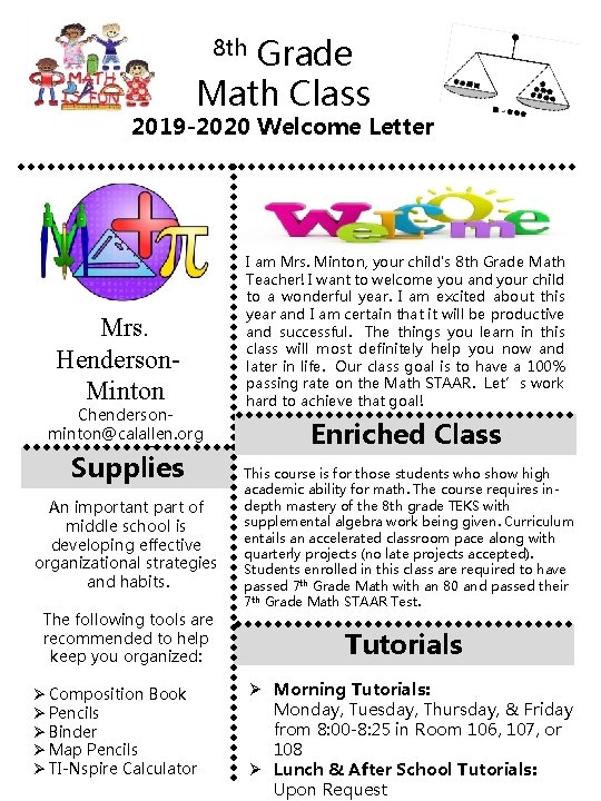 Grade Math Class 8 th 2019 2020 Welcome