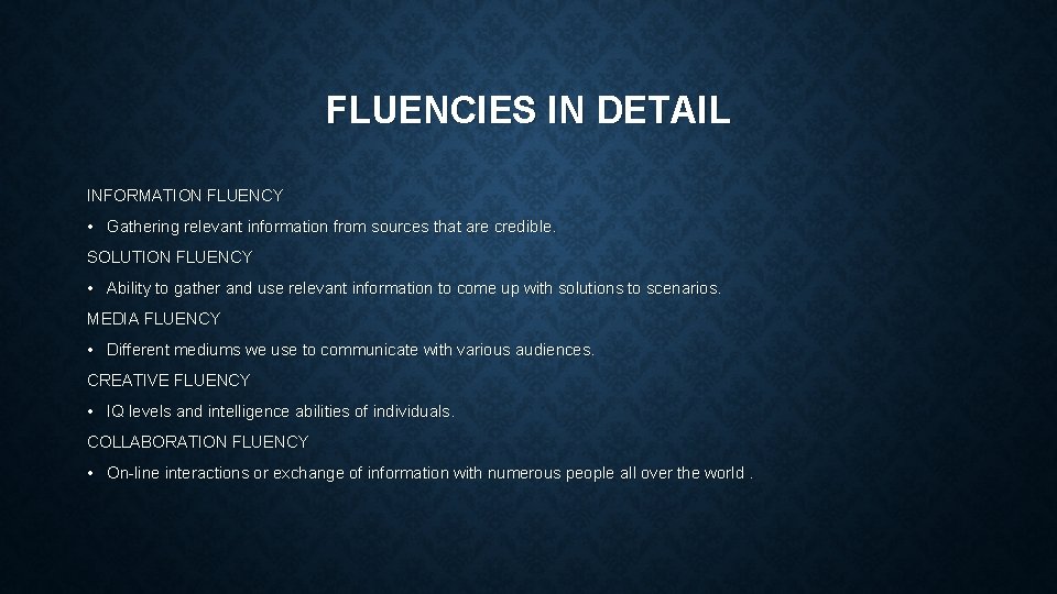 DIGITAL CITIZENSHIP ELEMENTS FLUENCIES ELEMENTS CATEGORIES LEARNING WORKING