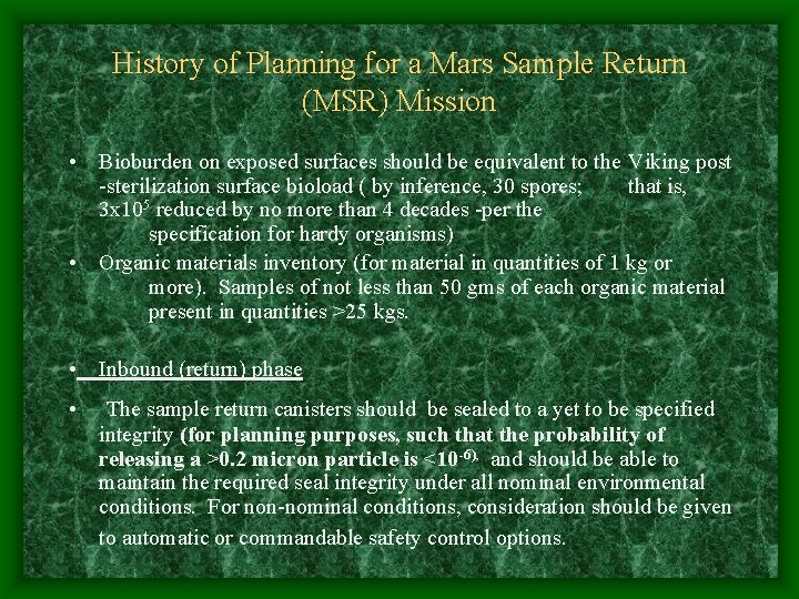 History Of Planning for a Mars Sample Return