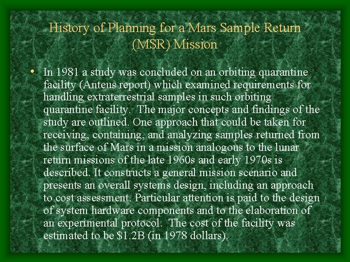 History Of Planning for a Mars Sample Return