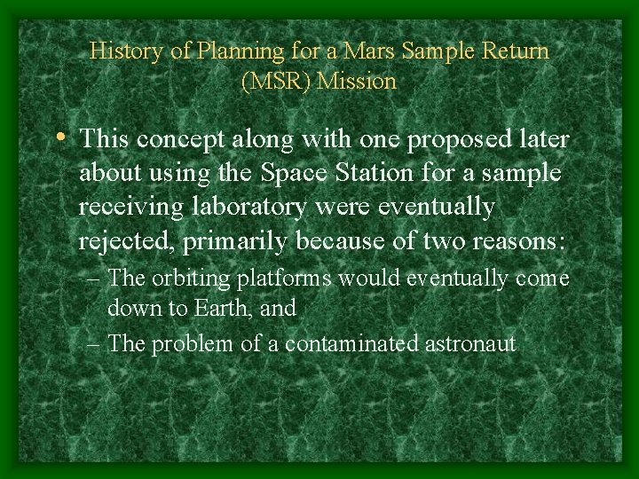 History Of Planning for a Mars Sample Return