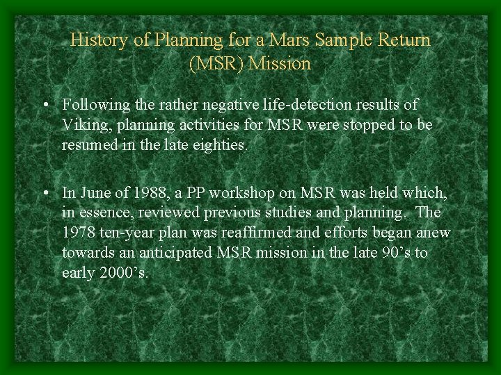 History Of Planning for a Mars Sample Return