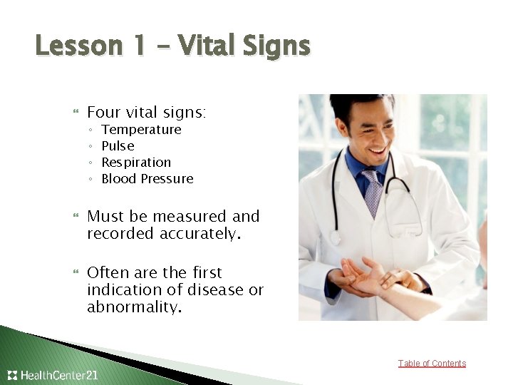Vital Signs and Body Measurements Table of Contents