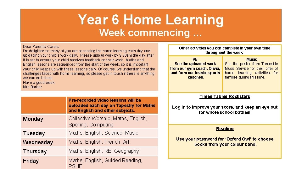 Year 6 Home Learning Week commencing Dear Parents