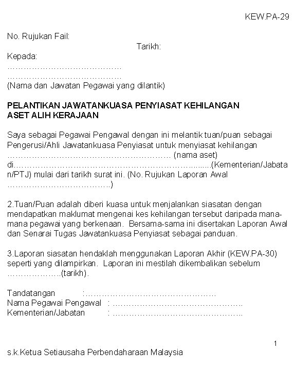 KEW PA29 No Rujukan Fail Tarikh Kepada Nama