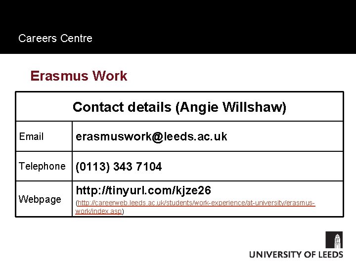 Careers Centre ERASMUS Work Placements Angie Willshaw Careers