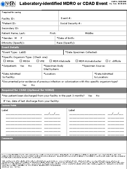 Laboratoryidentified MDRO or CDAD Event OMB No 0920