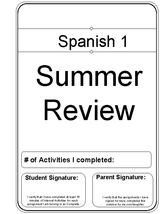 Spanish 1 Summer Review of Activities I completed