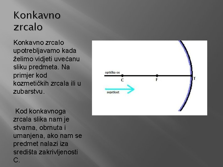 SFRERNA ZRCALA IZBOENO Konveksno i UDUBLJENO Konkavno zrcalo