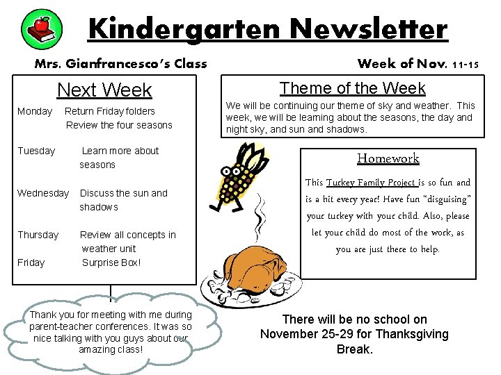Kindergarten Newsletter Mrs Gianfrancescos Class Next Week Monday