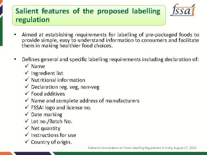 Draft Food Safety and Standards Proposed Labelling Display