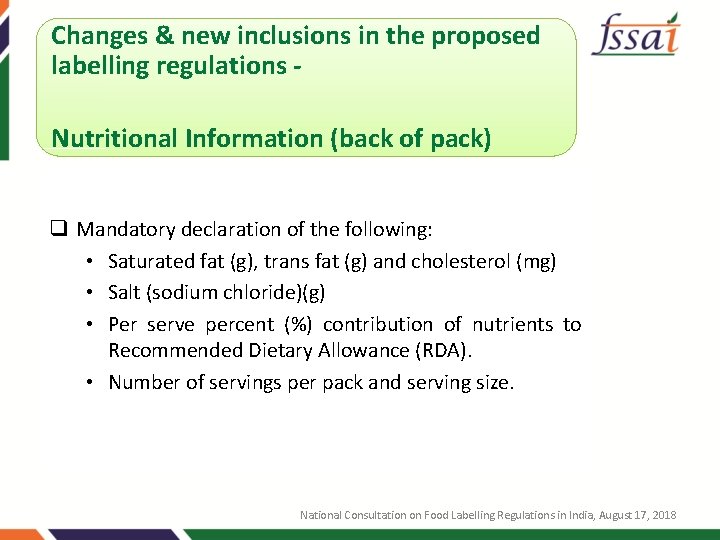 Draft Food Safety and Standards Proposed Labelling Display