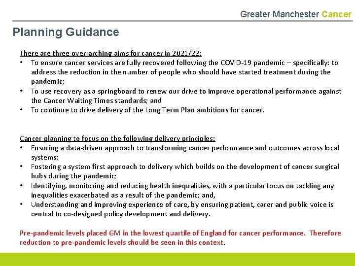 Greater Manchester Cancer GM Cancer Board Performance Pathway
