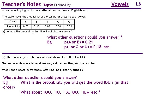 Teachers Notes Topic Probability Vowels A computer is