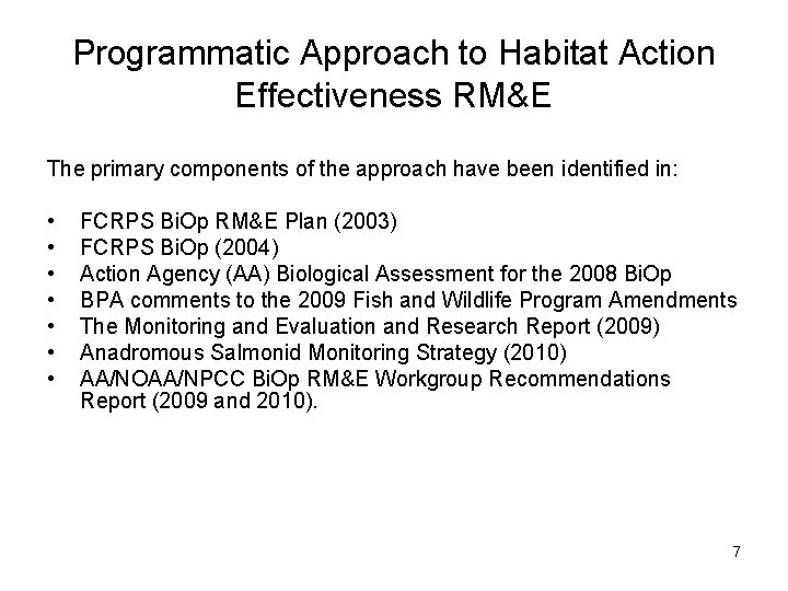 Habitat Action Effectiveness Program for the FCRPS Bi