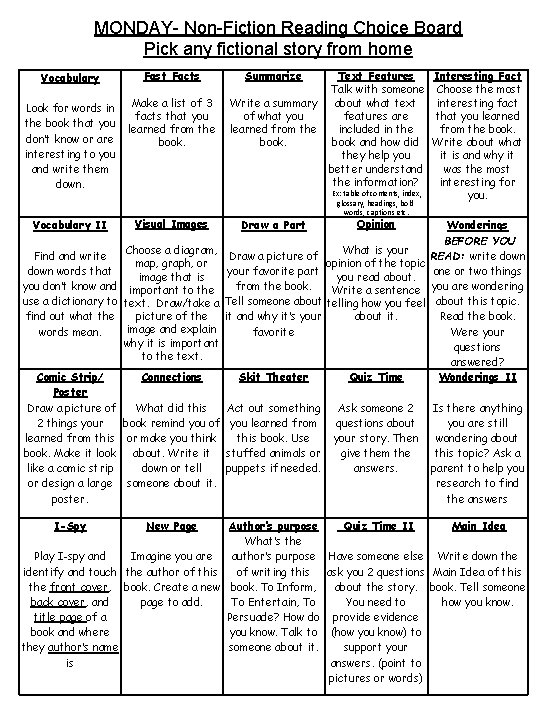 MONDAY NonFiction Reading Choice Board Pick any fictional