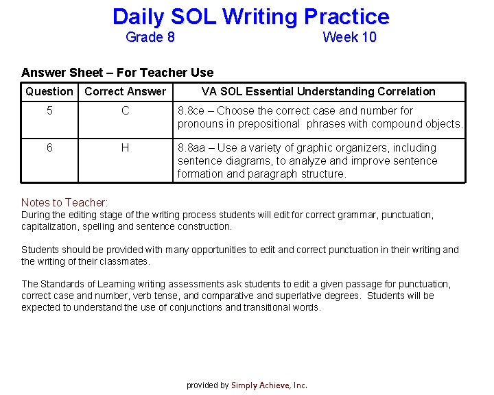 Daily SOL Writing Practice Grade 8 Week 10