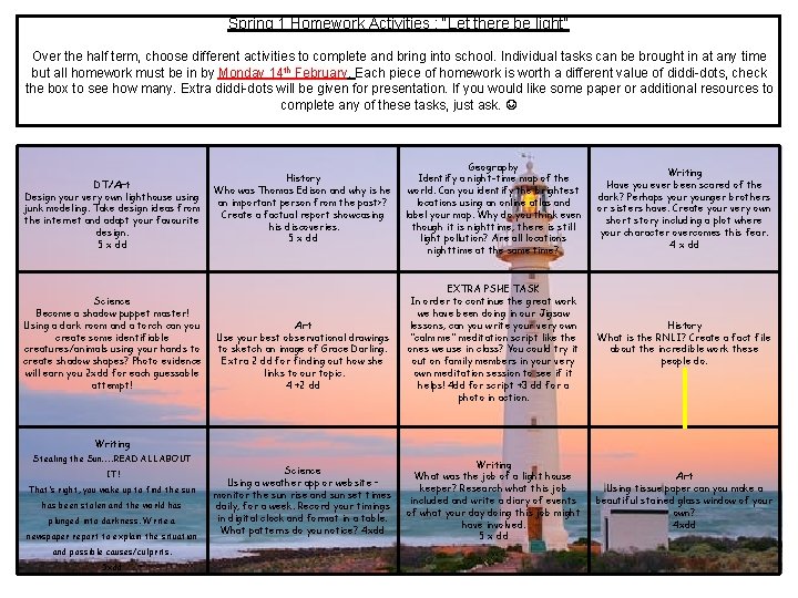 Spring 1 Homework Activities Let there be light