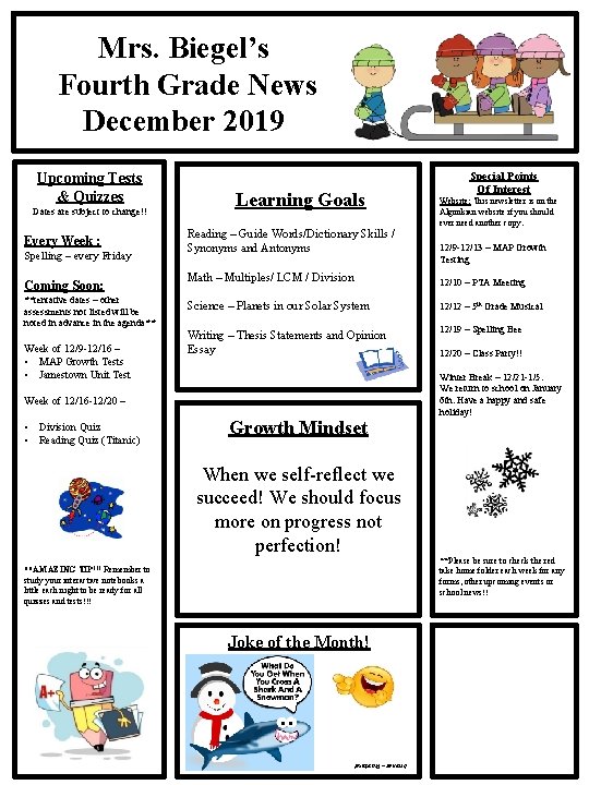 Mrs Biegels Fourth Grade News December 2019 Upcoming