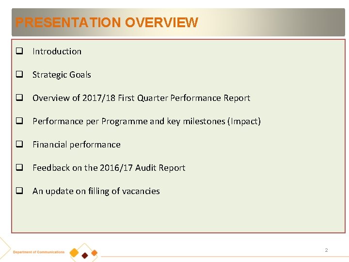 PRESENTATION ON THE 201718 QUARTER 1 PERFORMANCE REPORT