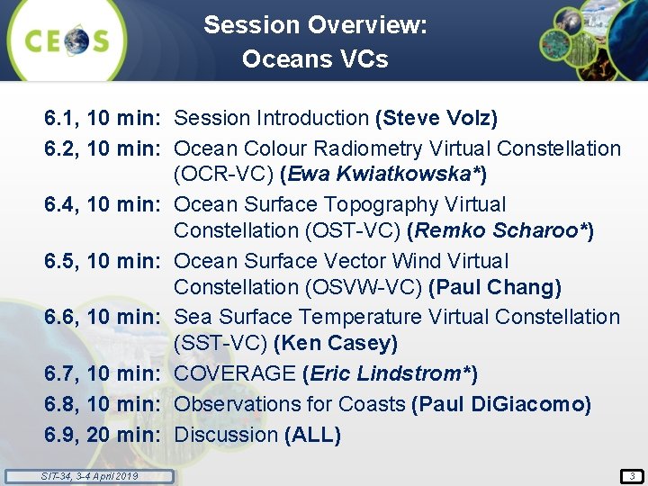 Committee on Earth Observation Satellites Session Introduction Oceans