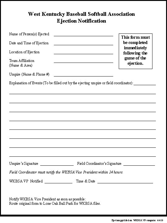 West Kentucky Baseball Softball Association Ejection Notification Name