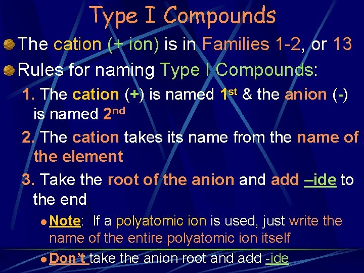 Type I Compounds The cation ion is in