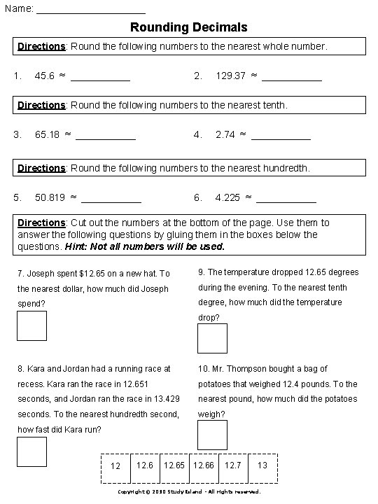 Name Rounding Decimals Directions Round the following numbers