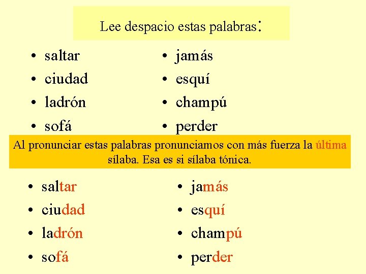 LENGUA ESPAOLA ACENTUACIN Lee despacio estas palabras saltar