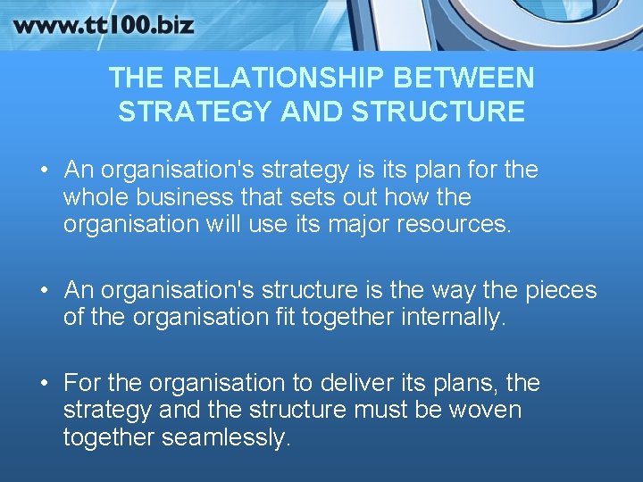 Creating an effective organisational structure LEARNING OUTCOMES FOR