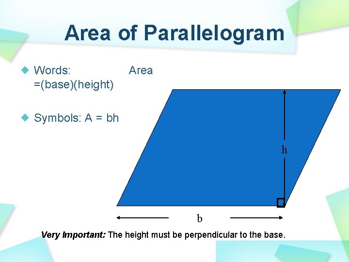 Area of Parallelograms Key Vocabulary Base of a