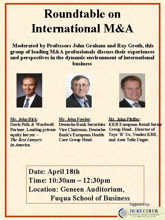 Roundtable on International MA Moderated by Professors John