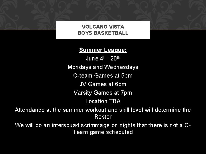 VOLCANO VISTA BOYS BASKETBALL Coach Cesar Cuevas Coach