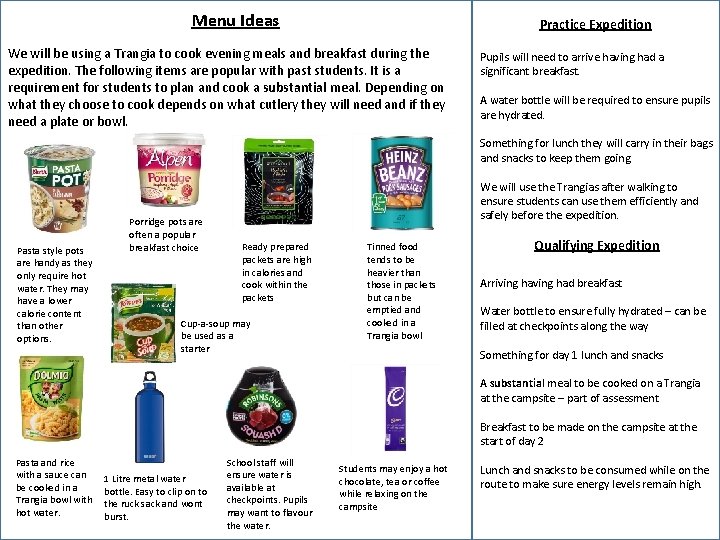 Menu Ideas Practice Expedition We will be using