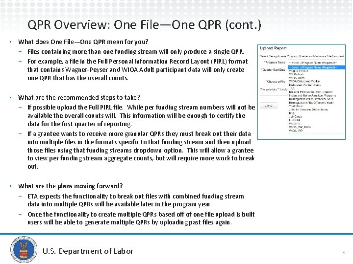 U S Department of Labor Workforce Integrated Performance