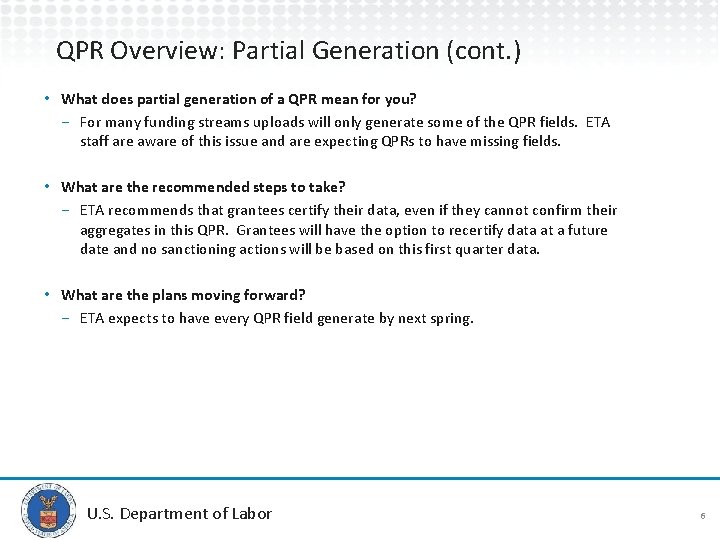 U S Department of Labor Workforce Integrated Performance