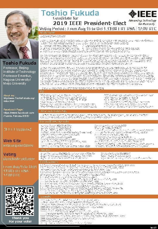 Toshio Fukuda Candidate for 2019 IEEE PresidentElect Voting
