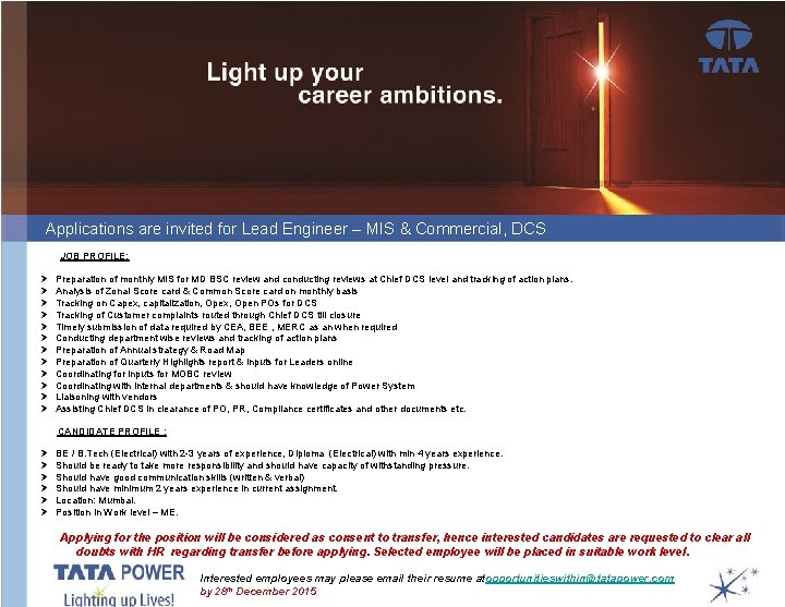 Applications are invited for Lead Engineer MIS Commercial