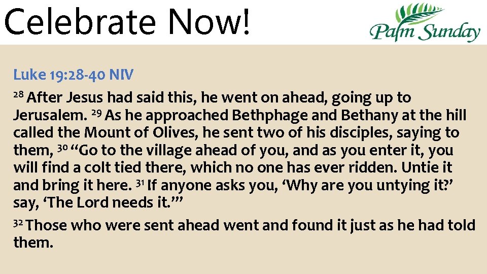 Celebrate Now Luke 19 28 40 Celebrate Now