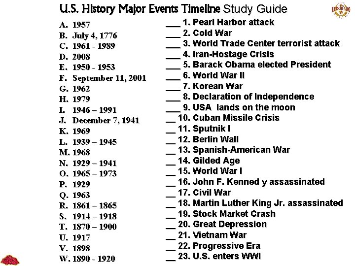 U S History Major Events Timeline Study Guide
