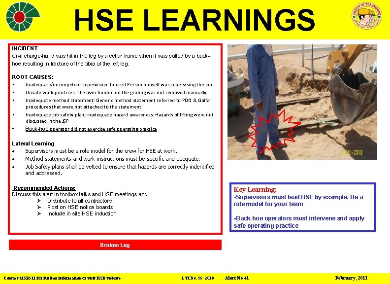 HSE LEARNINGS INCIDENT Civil chargehand was hit in