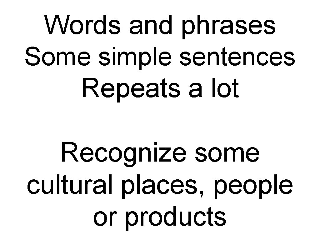 NOVICE LOW Individual words Small repetitive vocabulary Memorized