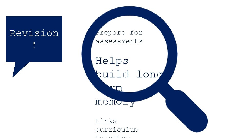 Revision Revision Prepare for assessments Helps build long